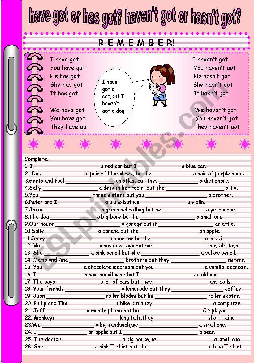 have got,has got,haven´t got,hasn´t got (part 1) - ESL worksheet by ...