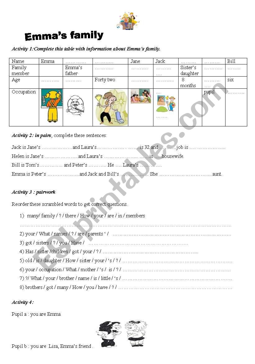 Emma´s family - ESL worksheet by joliali