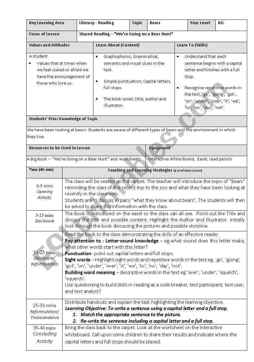 Lesson Plan and Worksheet - "We´re Going on a Bear Hunt" - ESL ...