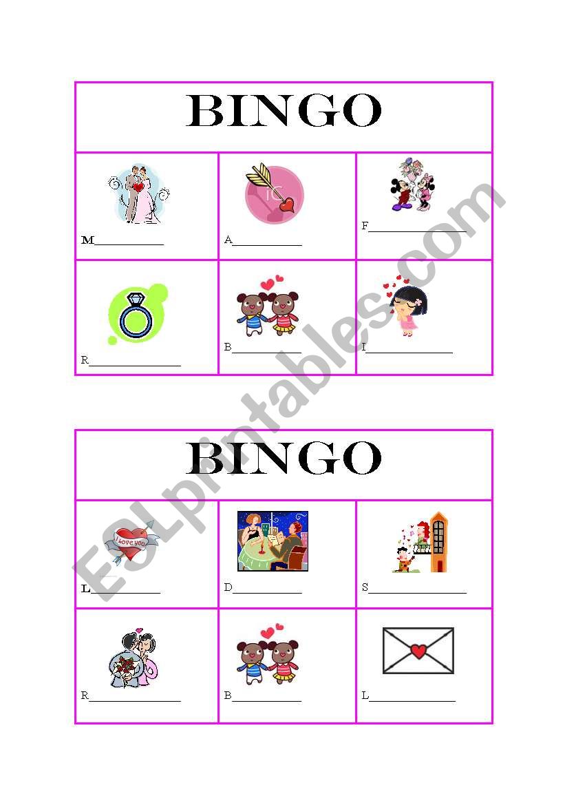 English worksheets: Bingo and Pictionary on St valentine´s day