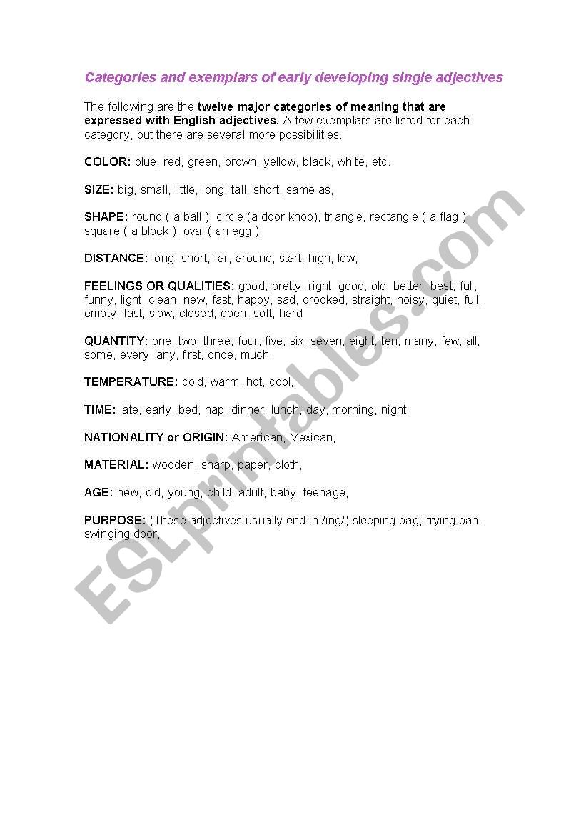 English Worksheets Examples Of Adjectives