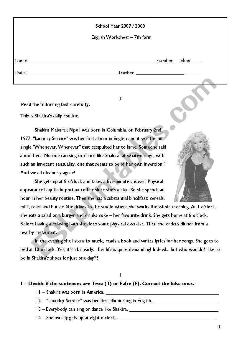 Shakira´s daily routine - ESL worksheet by mmsilva