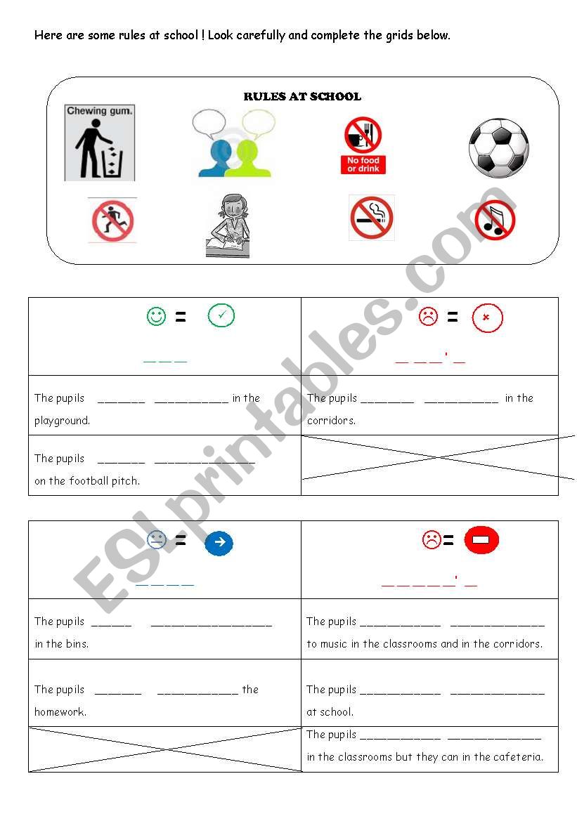 Rules at school / can, can´t, must, mustn´t - ESL worksheet by magalie