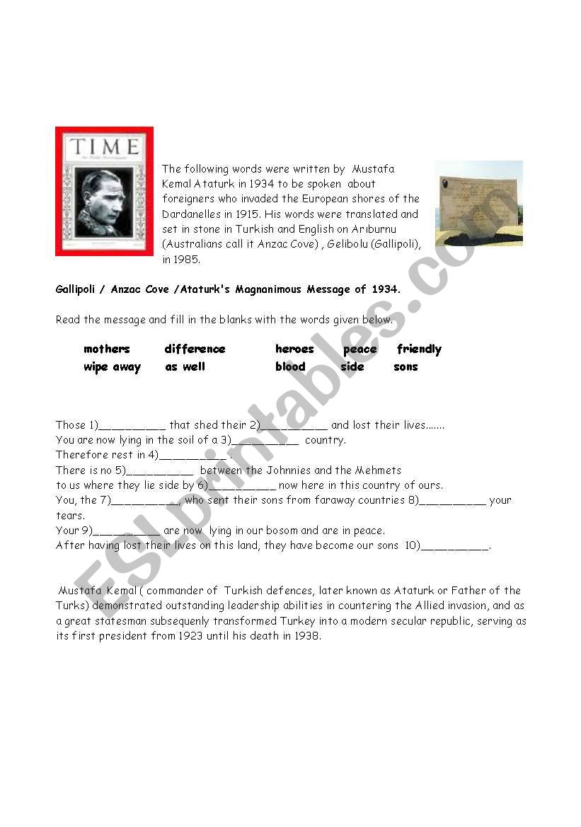 English worksheets: Gallipoli / Anzac Cove /Ataturk´s Magnanimous ...