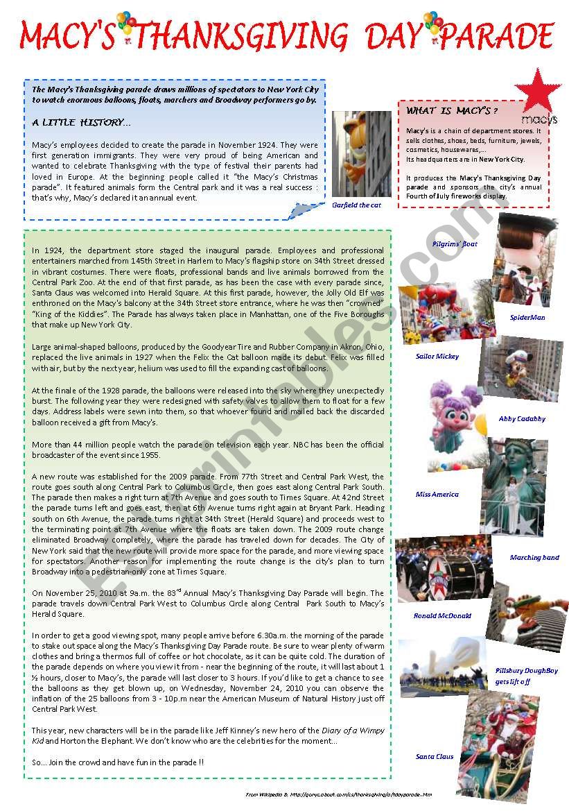 MACY´S THANKSGIVING DAY PARADE ( 3 pages ) - ESL worksheet by Krysstl