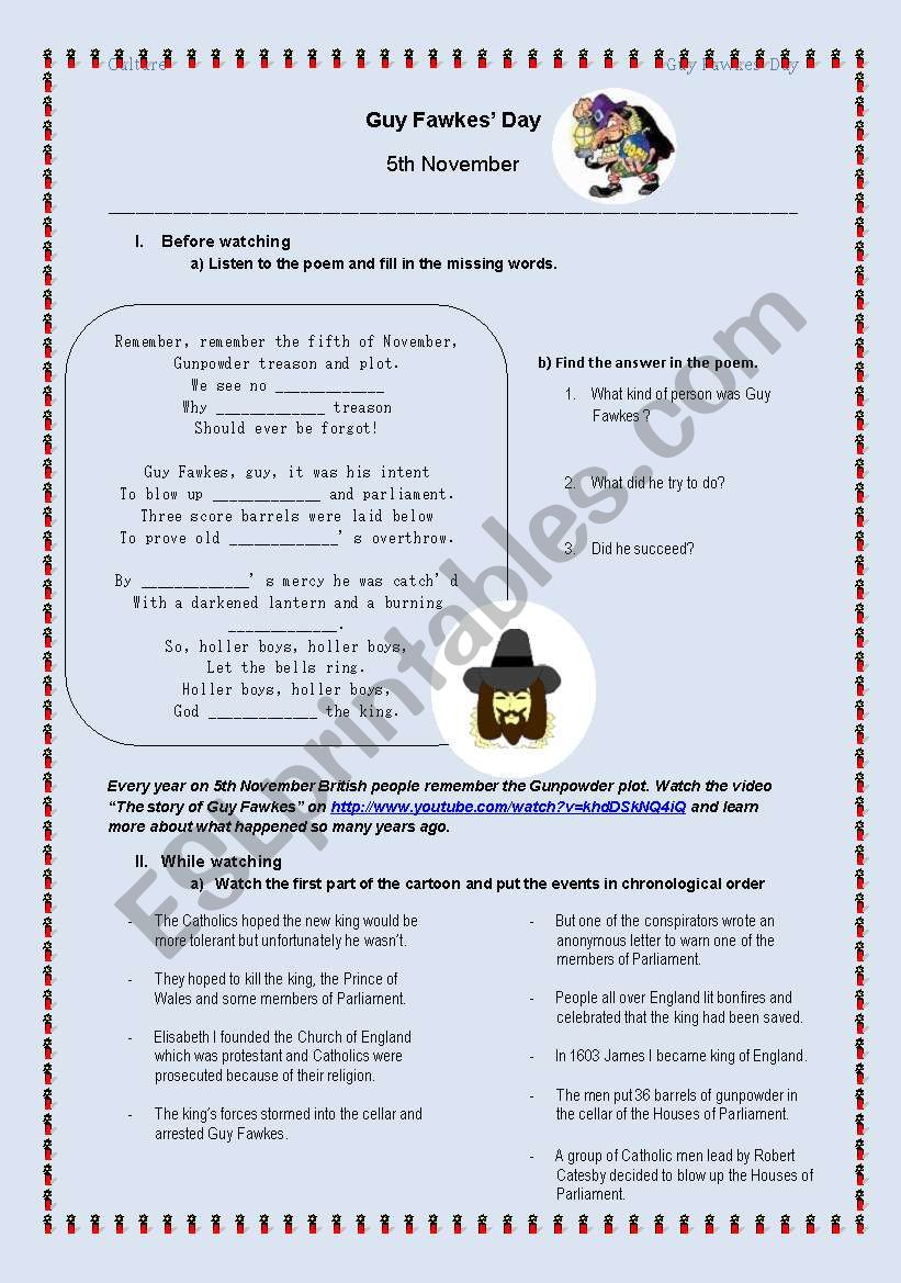 History Guy Fawkes´ Day (video cartoon) + key - ESL worksheet by bienke