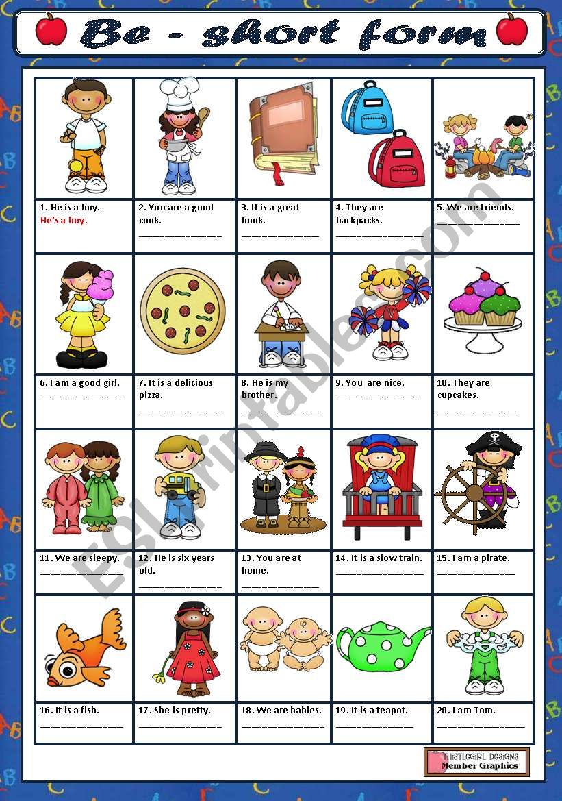 TO BE SHORT FORMS ESL Worksheet By Macomabi