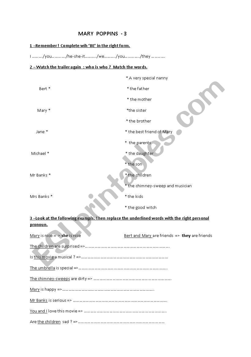 English worksheets: Mary Poppins Worksheet n° 3