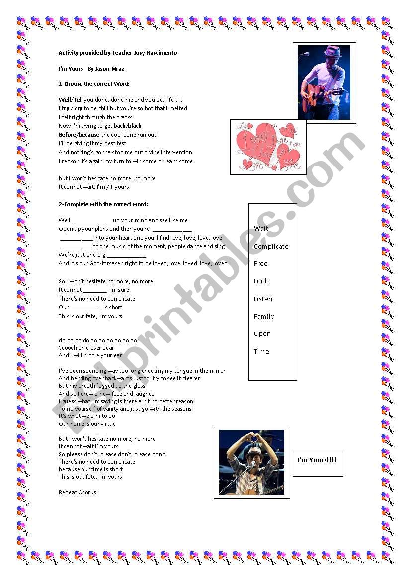 I´m Yours-Easy Activity for beginners - ESL worksheet by Josynews