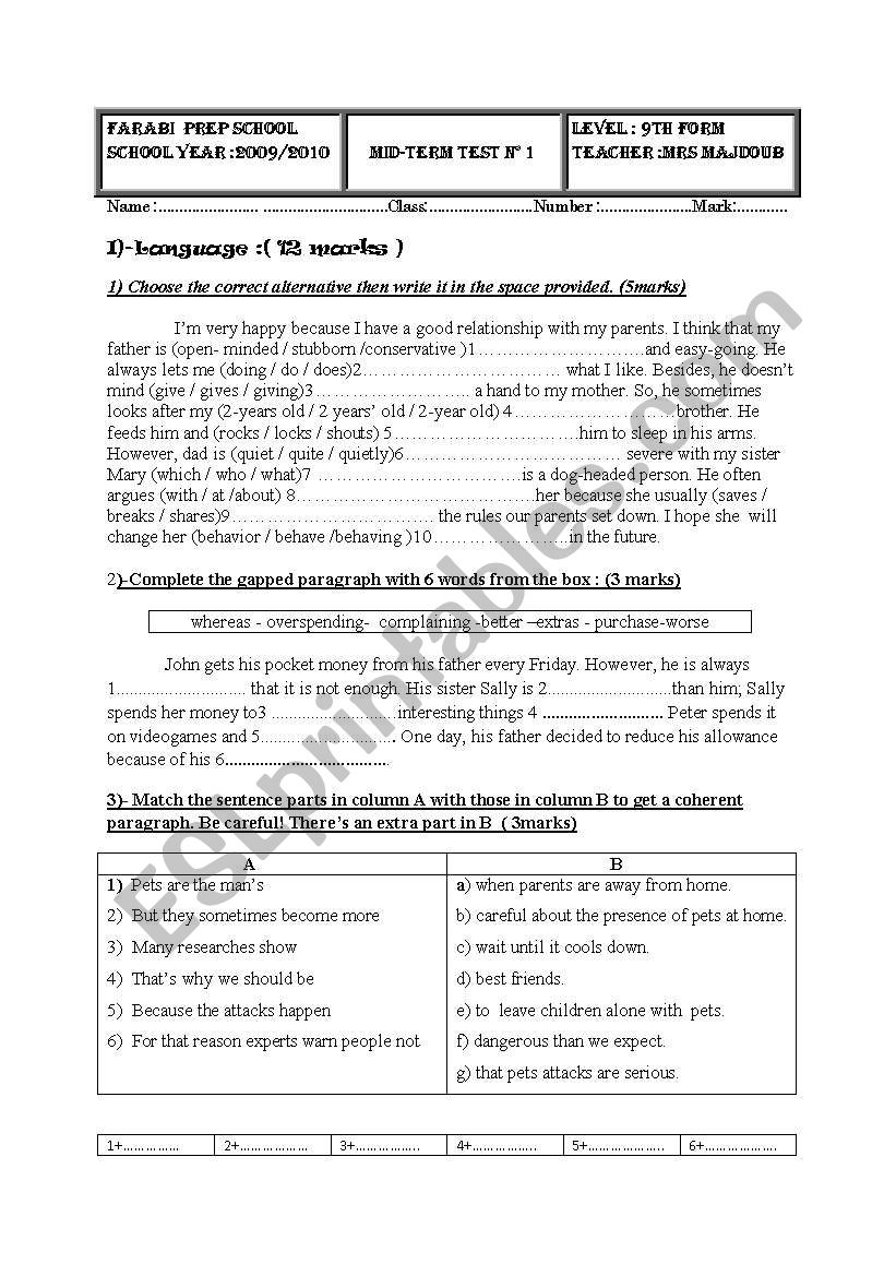 Mid-Term Test NÂ°1 - ESL worksheet by majdoub