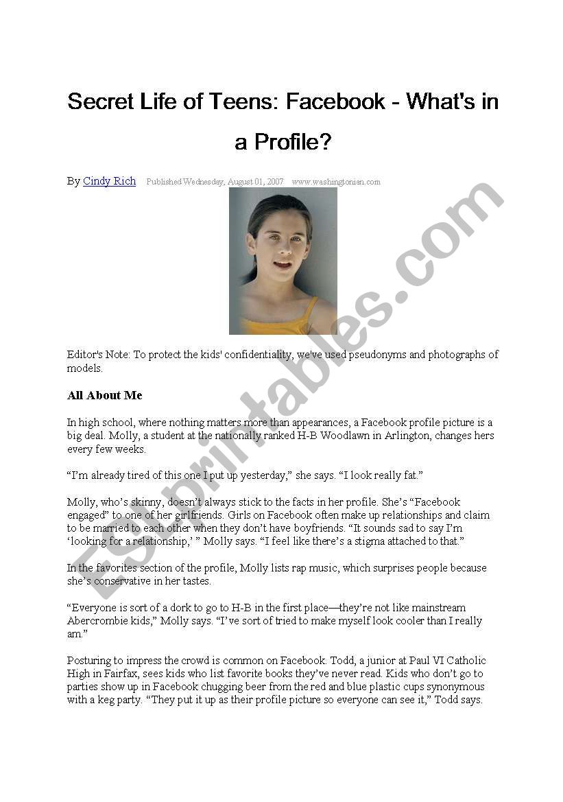 Secret Life of Teens: Facebook - What´s in a Profile? - ESL worksheet ...