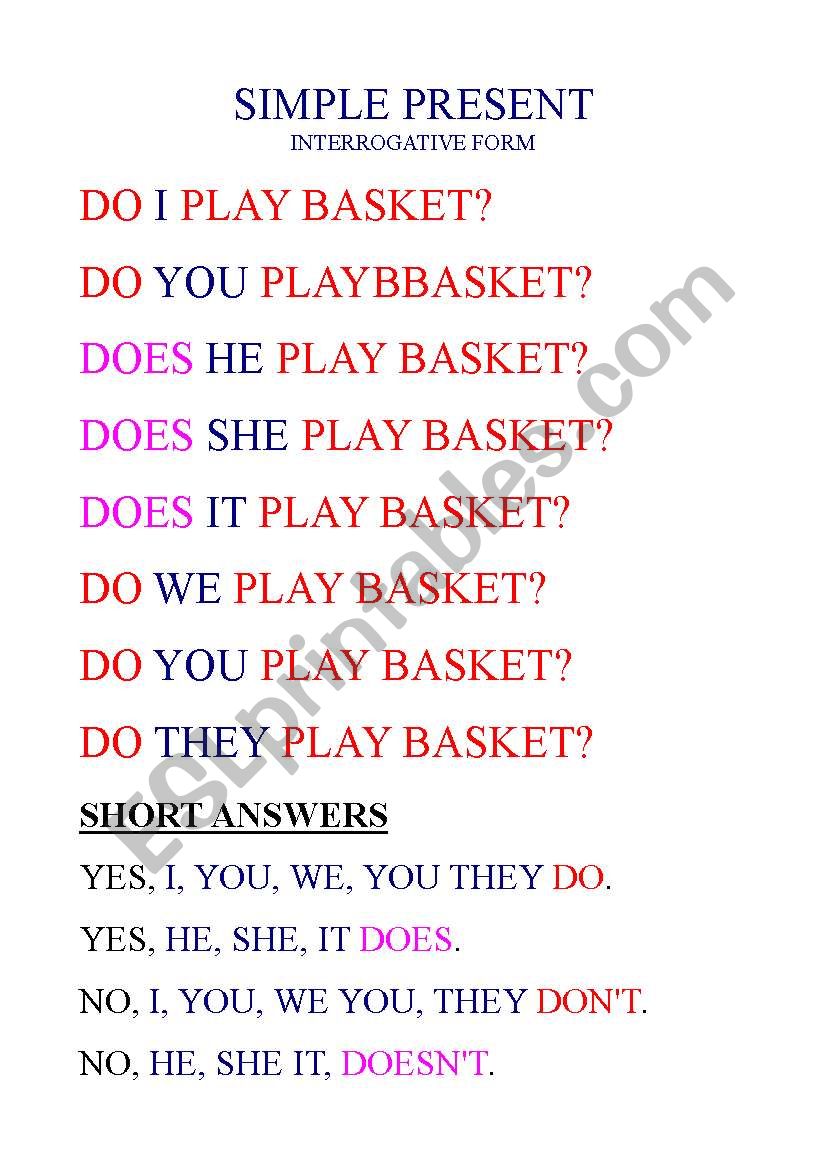 English Worksheets Present Simple Interrogative Form