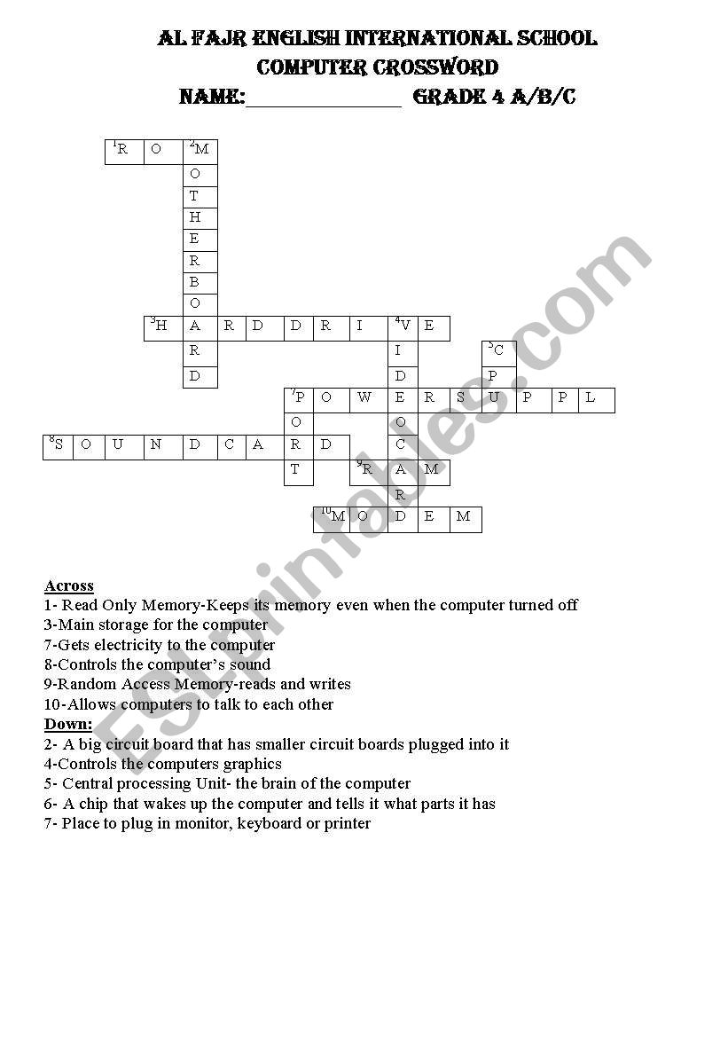 English Worksheets Computer Crossword