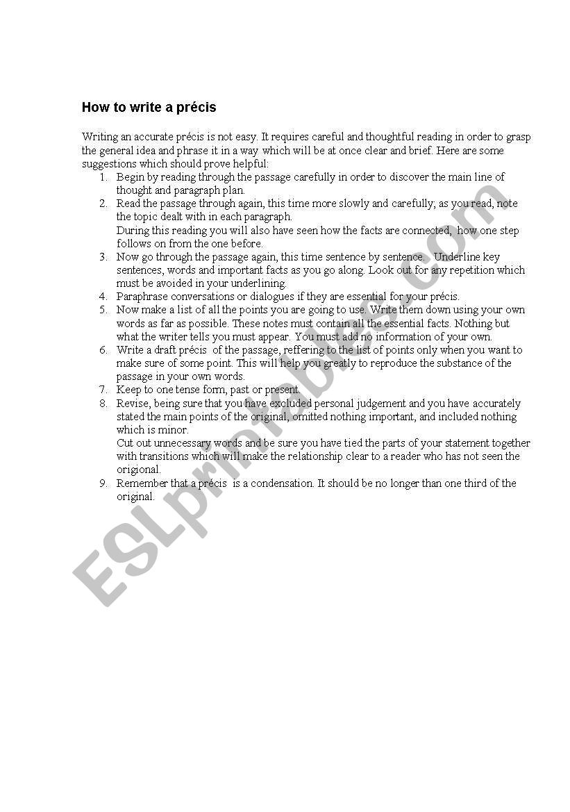 English worksheets: How to write a précis