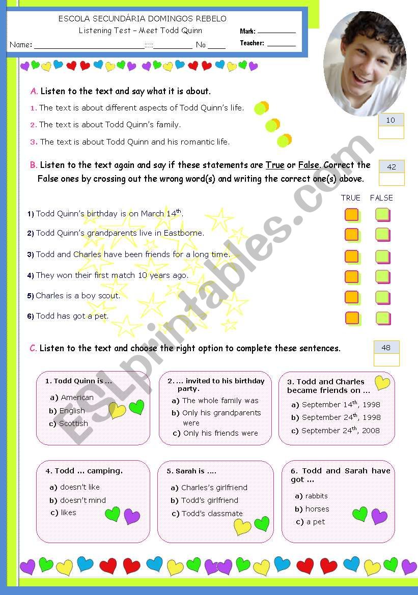 A 13-year-old boy´s life: Listening Comprehension Test - ESL worksheet ...