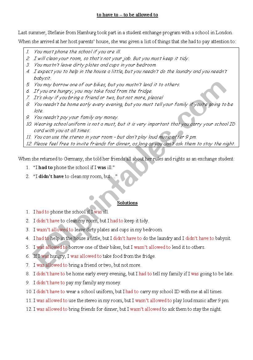 exercise on the use "to have to" and "to be allowed to" in past tense ...