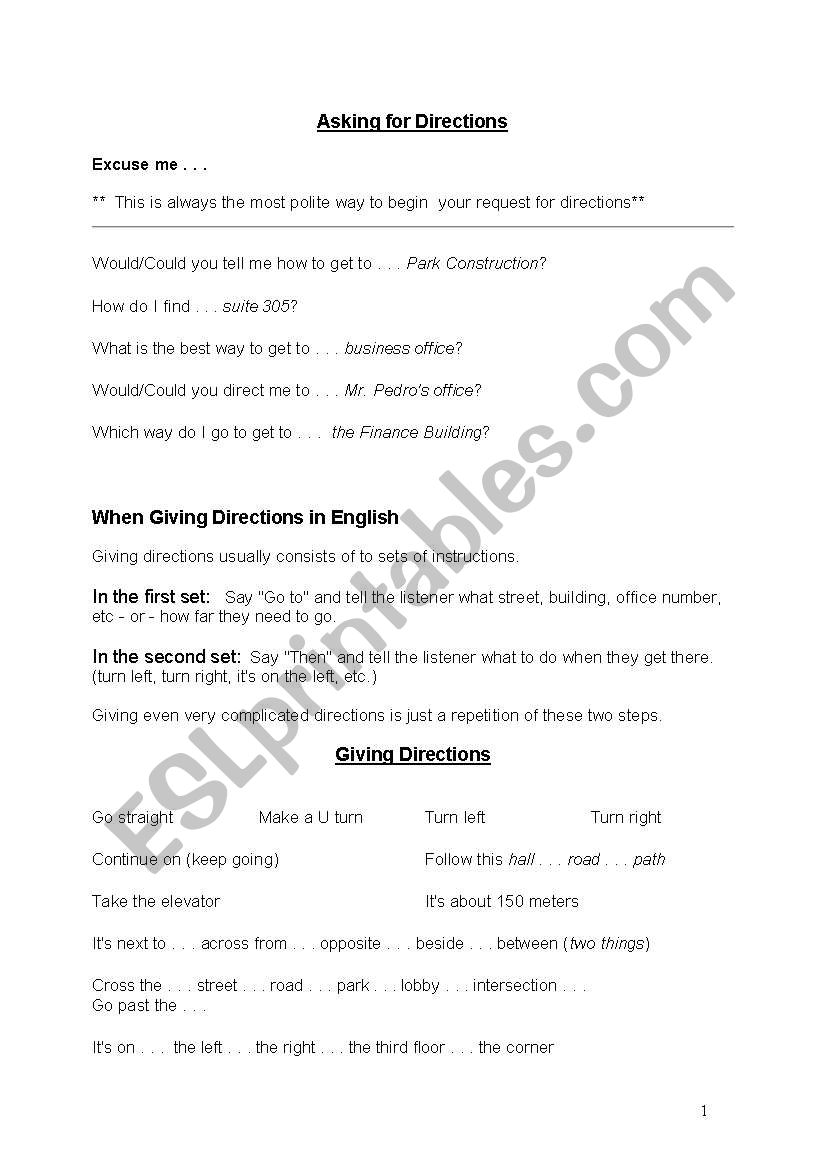 Giving and asking for directions - ESL worksheet by vonbix
