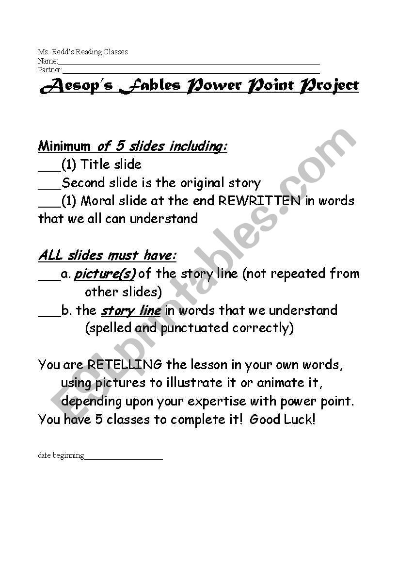 English worksheets: Aesop´s Fables Power Point Project