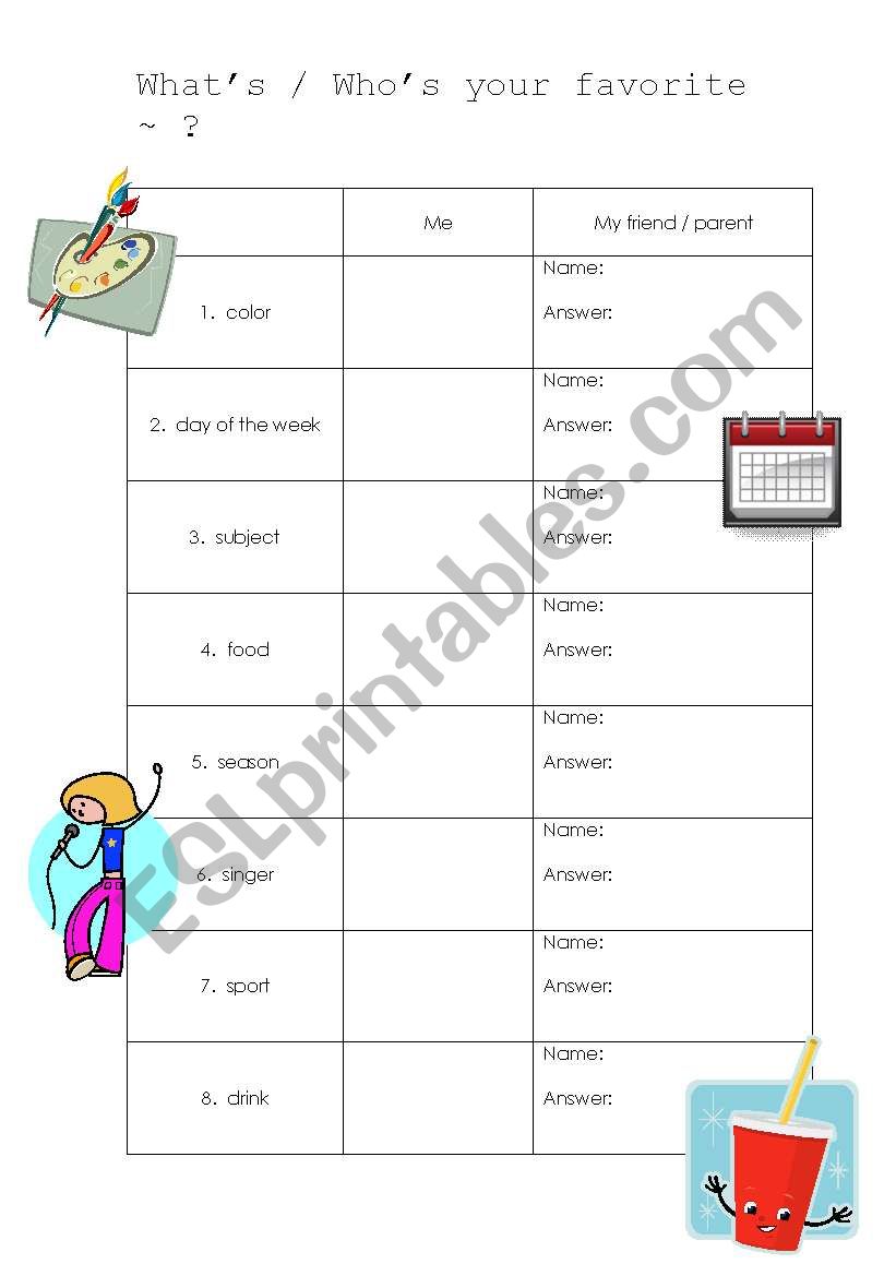 English worksheets: What´s/Who´s your favorite ~ Interview Game