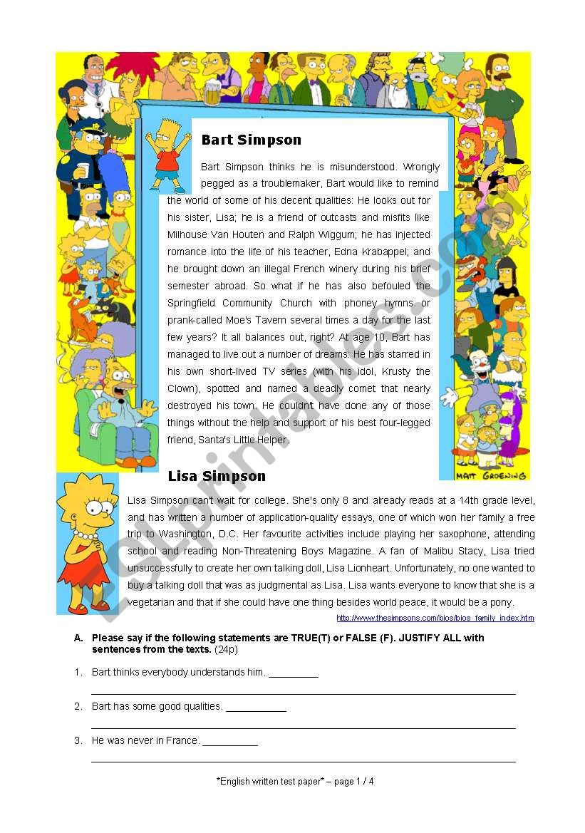 the simpsons´ test paper - ESL worksheet by dinamsp