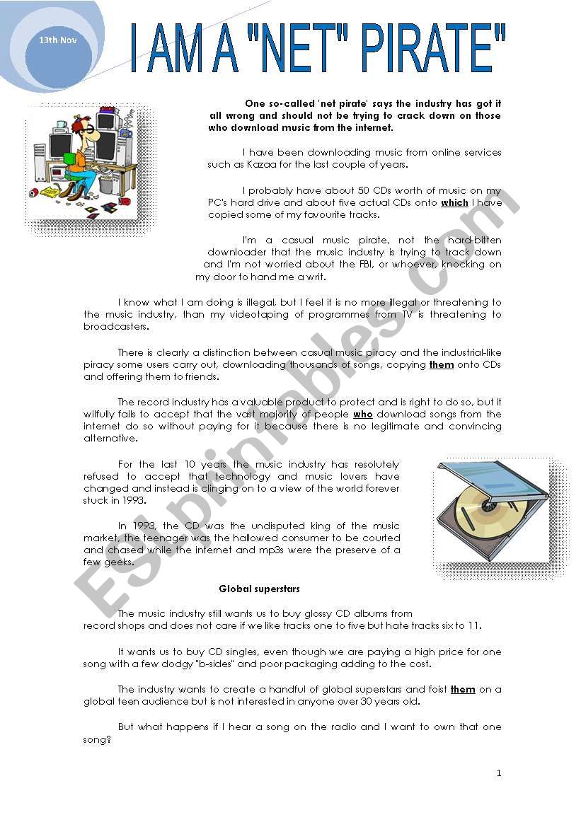 I´M A NET PIRATE - TECHNOLOGY - ESL worksheet by ascincoquinas