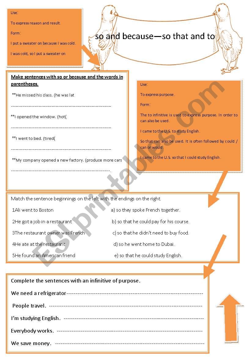 so and becauseâ€”so that and to - ESL worksheet by Tharalmadina
