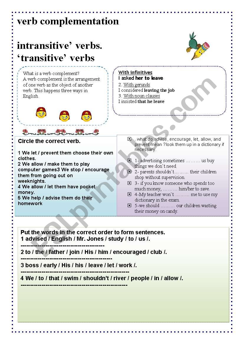 English worksheets: verb complementation in transitive’ verbs ...