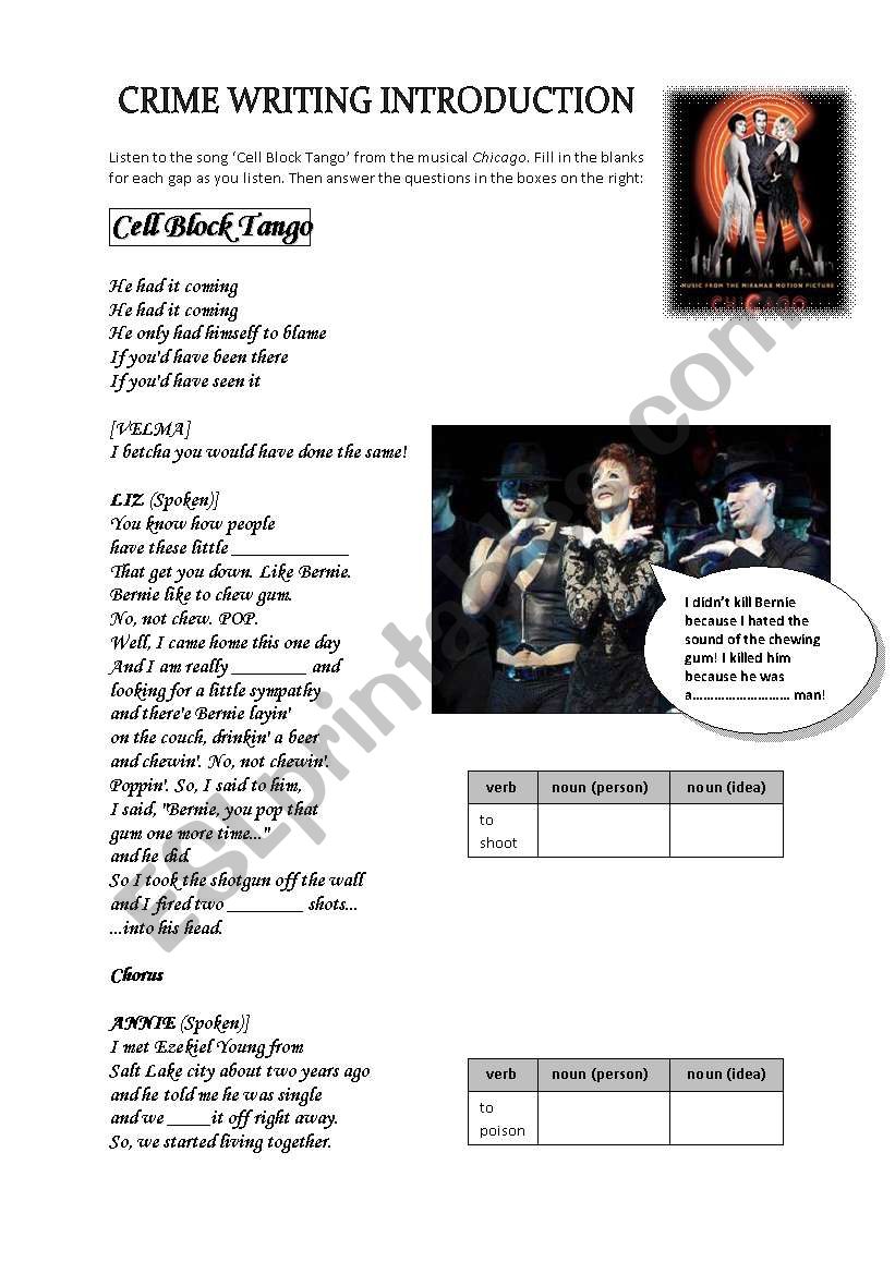 Song ´Cell Block Tango´ (Chicago): listening, crime vocab and writing ...