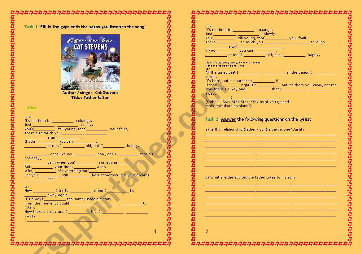 FAMILY - ANALYSING CAT STEVEN´S SONG - ESL worksheet by margaridacordeiro