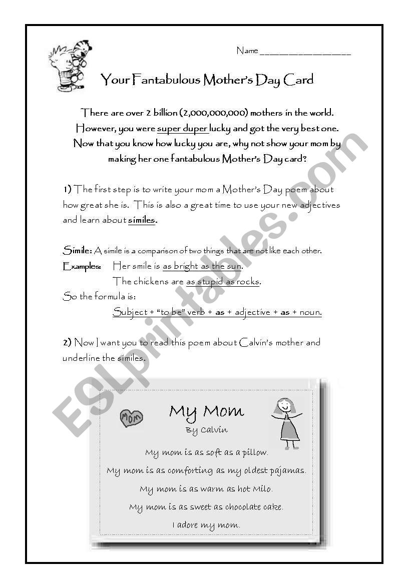 MotherÂ´s Day similes flower card - ESL worksheet by jessafish