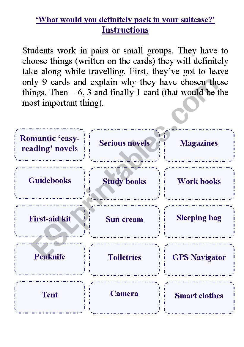 ‘What would you definitely pack in your suitcase?’ - ESL worksheet by ...