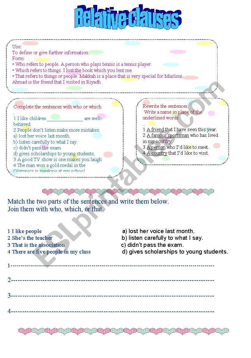 Relative clauses Who .. • Which . . • That - ESL worksheet by Tharalmadina