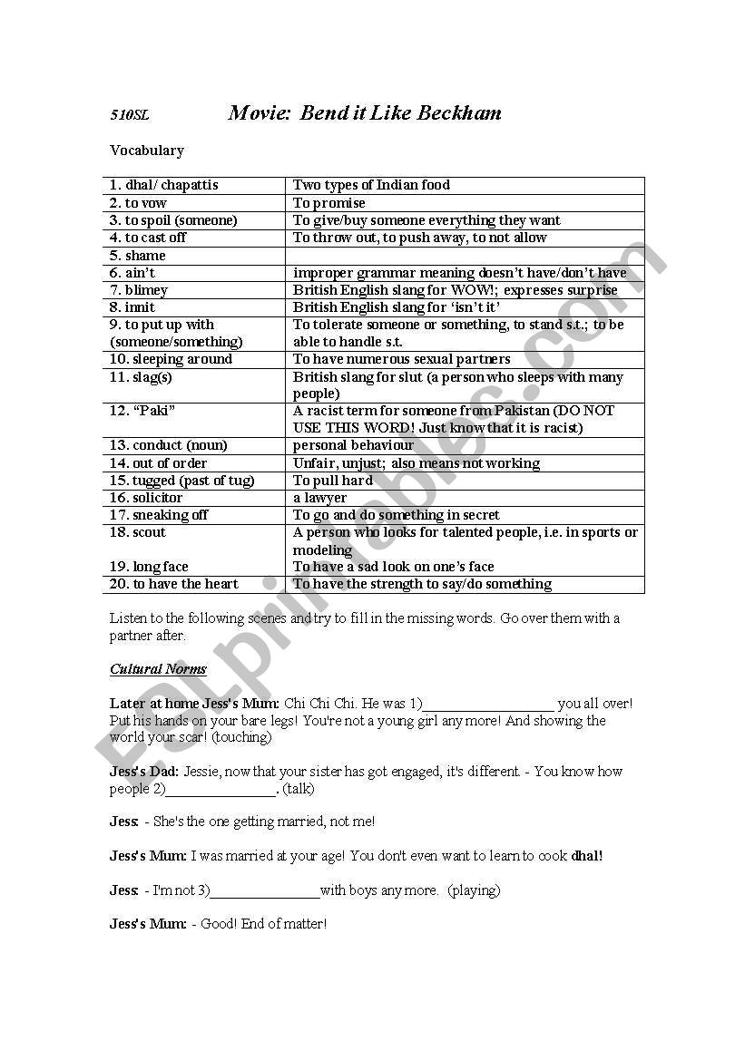 Movie-Bend it like Beckham - ESL worksheet by goldclover