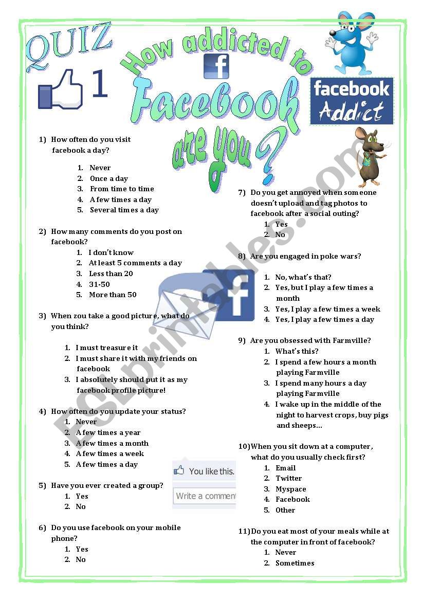 NEW Quiz to test your students´ addiction to Facebook - ESL worksheet ...