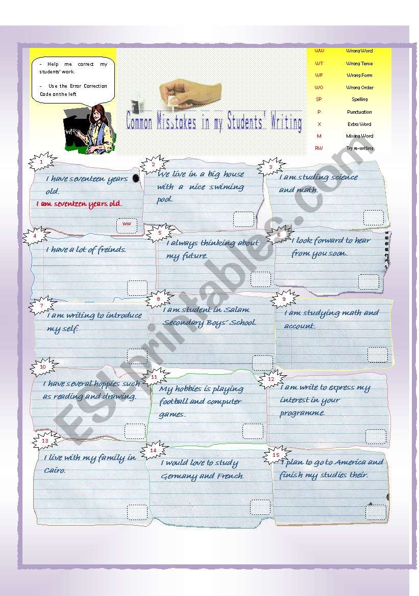Common Mistakes in my students´ writing - ESL worksheet by emulator