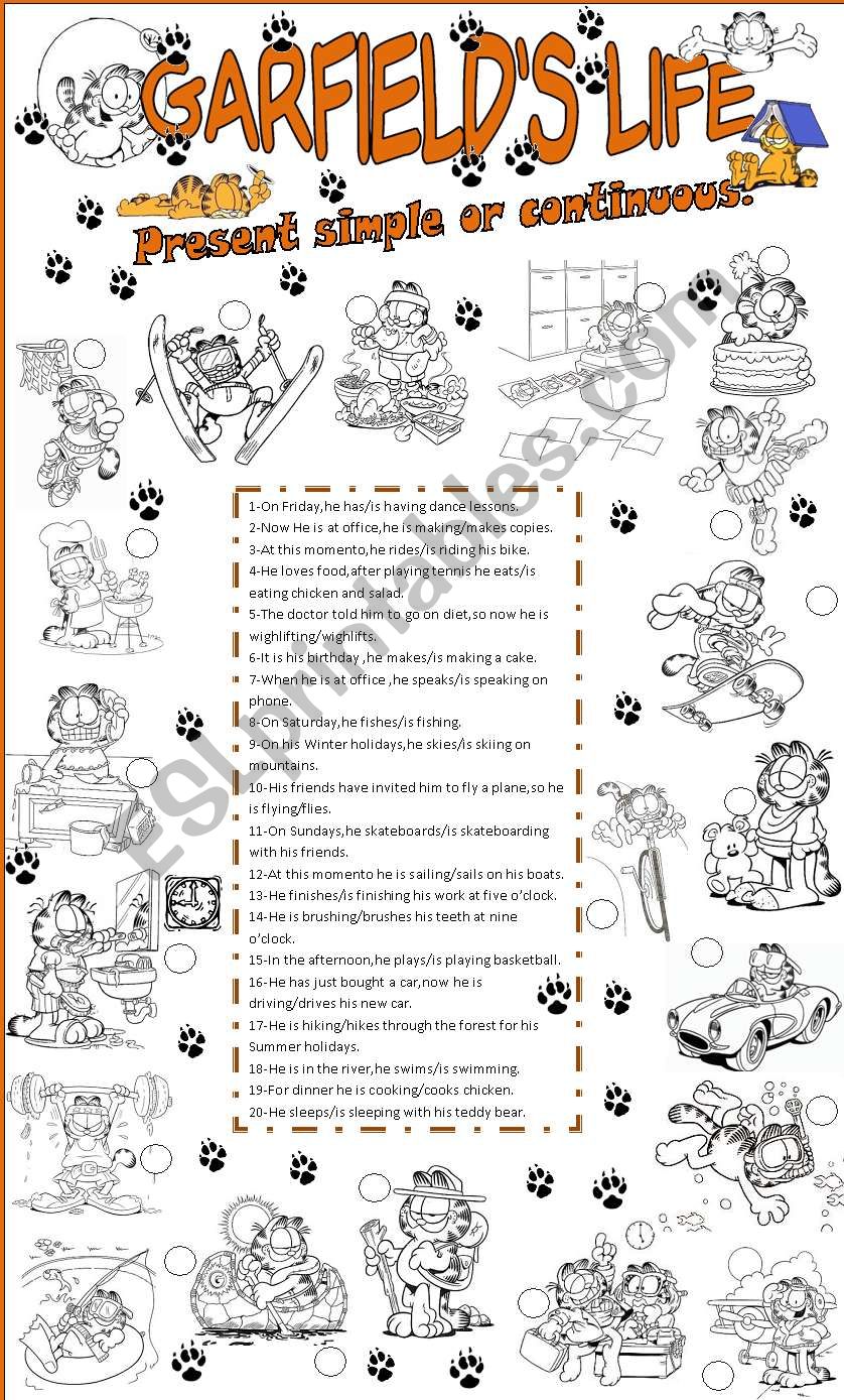 garfield ´s life:present continuous or simple - ESL worksheet by ...