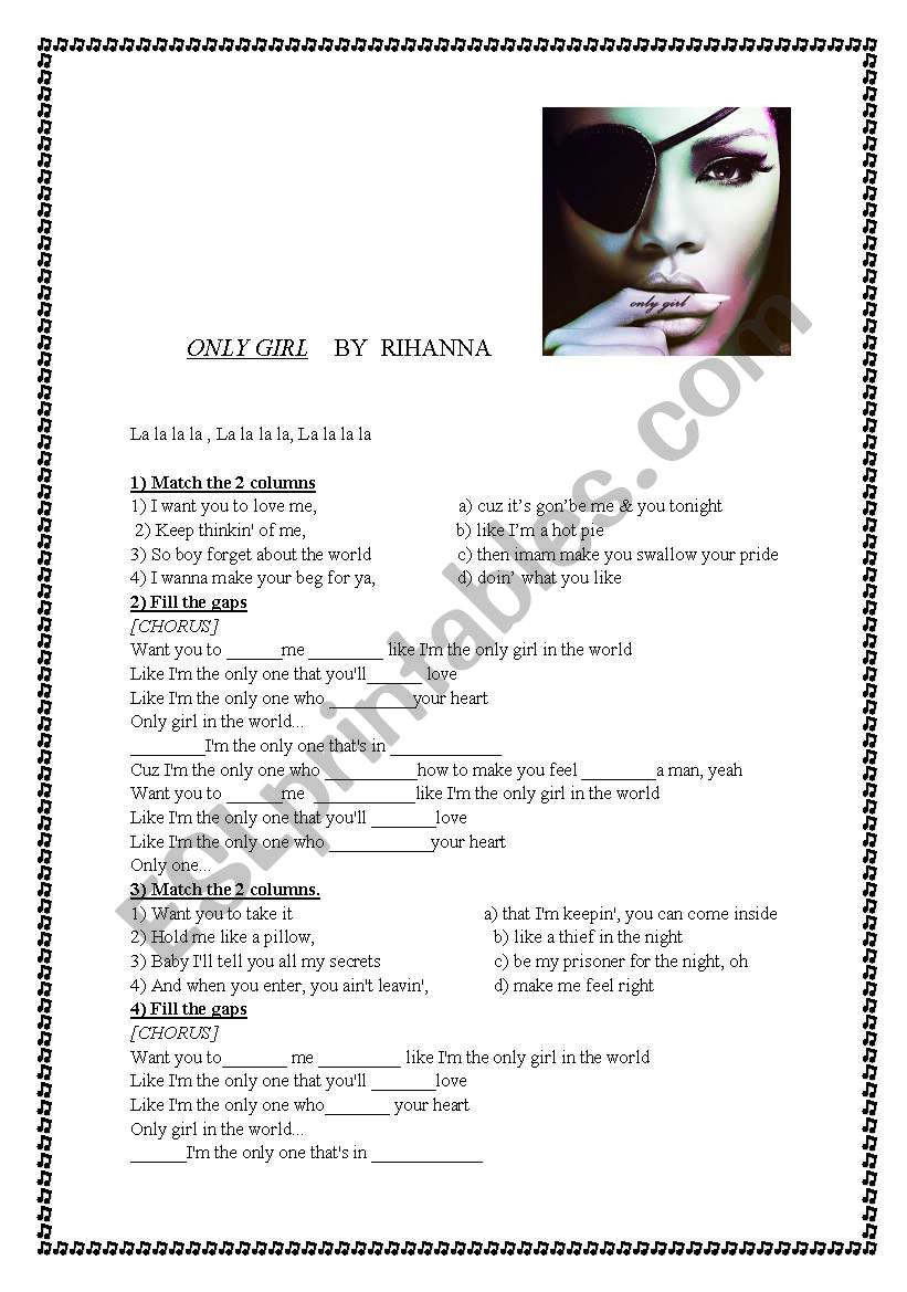 RIHANNA´S NEW SONG!! ´ONLY GIRL´ - ESL worksheet by Itxaso5
