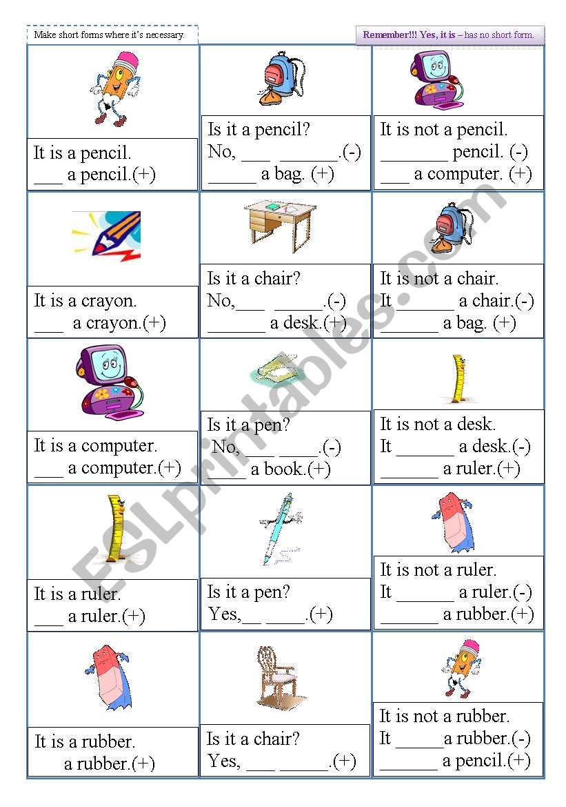 To be - Short forms - itÂ´s - it isnÂ´t (School vocabulary) - ESL ...