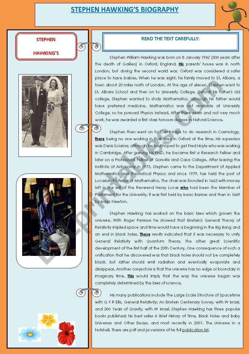 STEPHEN HAWKING´S BIOGRAPHY - SCIENCE/UNIVERSE - ESL worksheet by ...