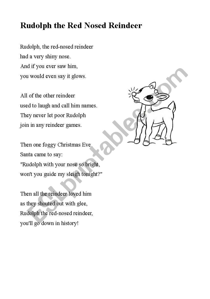 Rudolph the Red-Nosed Reindeer - coloring and song worksheet - ESL ...