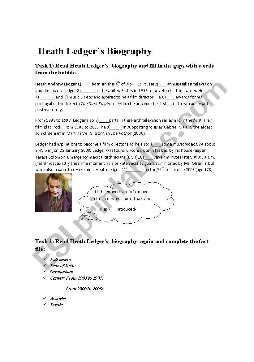 English worksheets: Heath Ledger´s biography