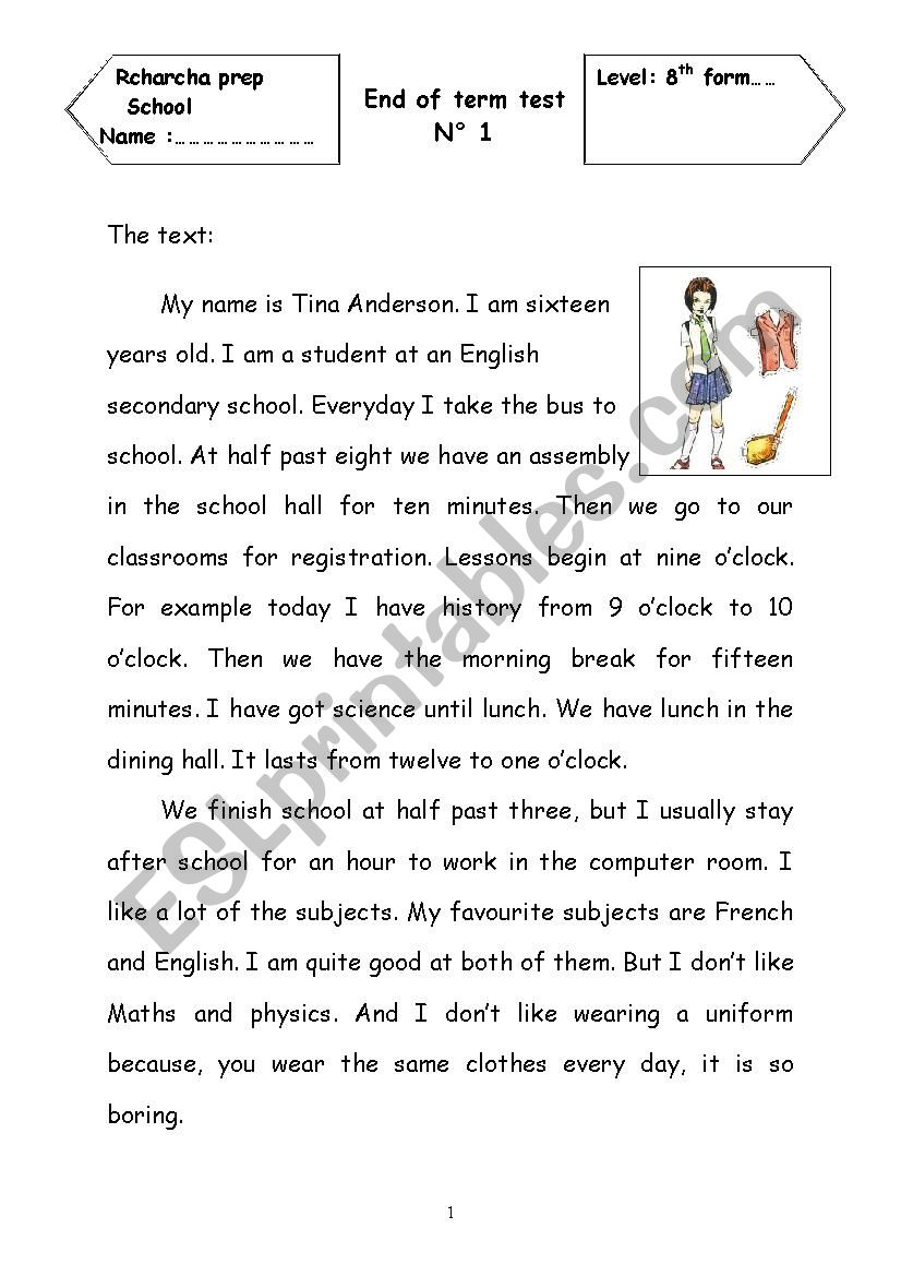 end of term test N° 1 8th form - ESL worksheet by day-dreamer