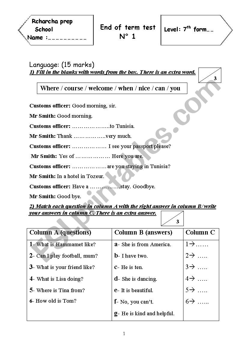 end of term test N° 1 7th form - ESL worksheet by day-dreamer