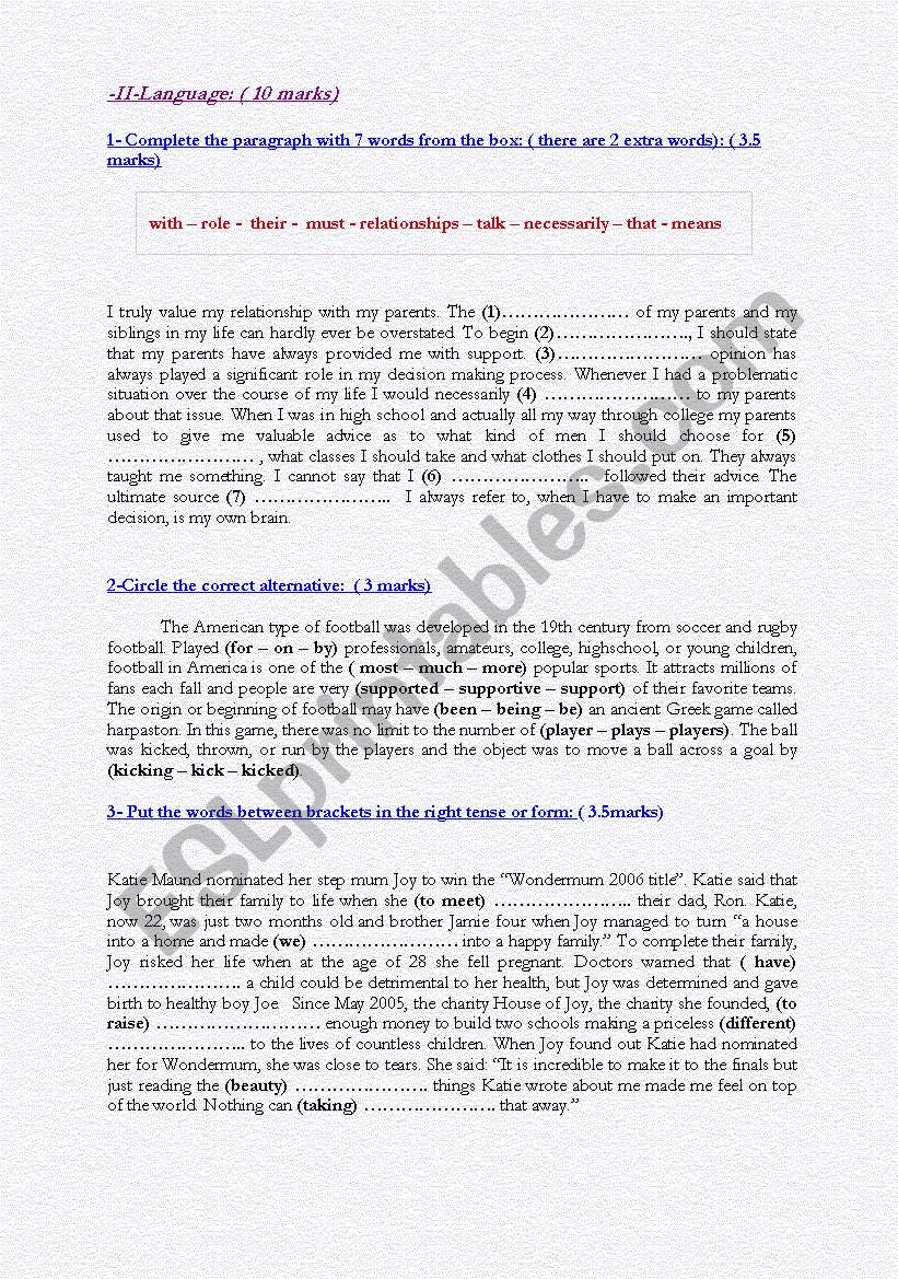 End-of-term Test n°1 (2nd form) Part 2: LANGUAGE+WRITING - ESL ...