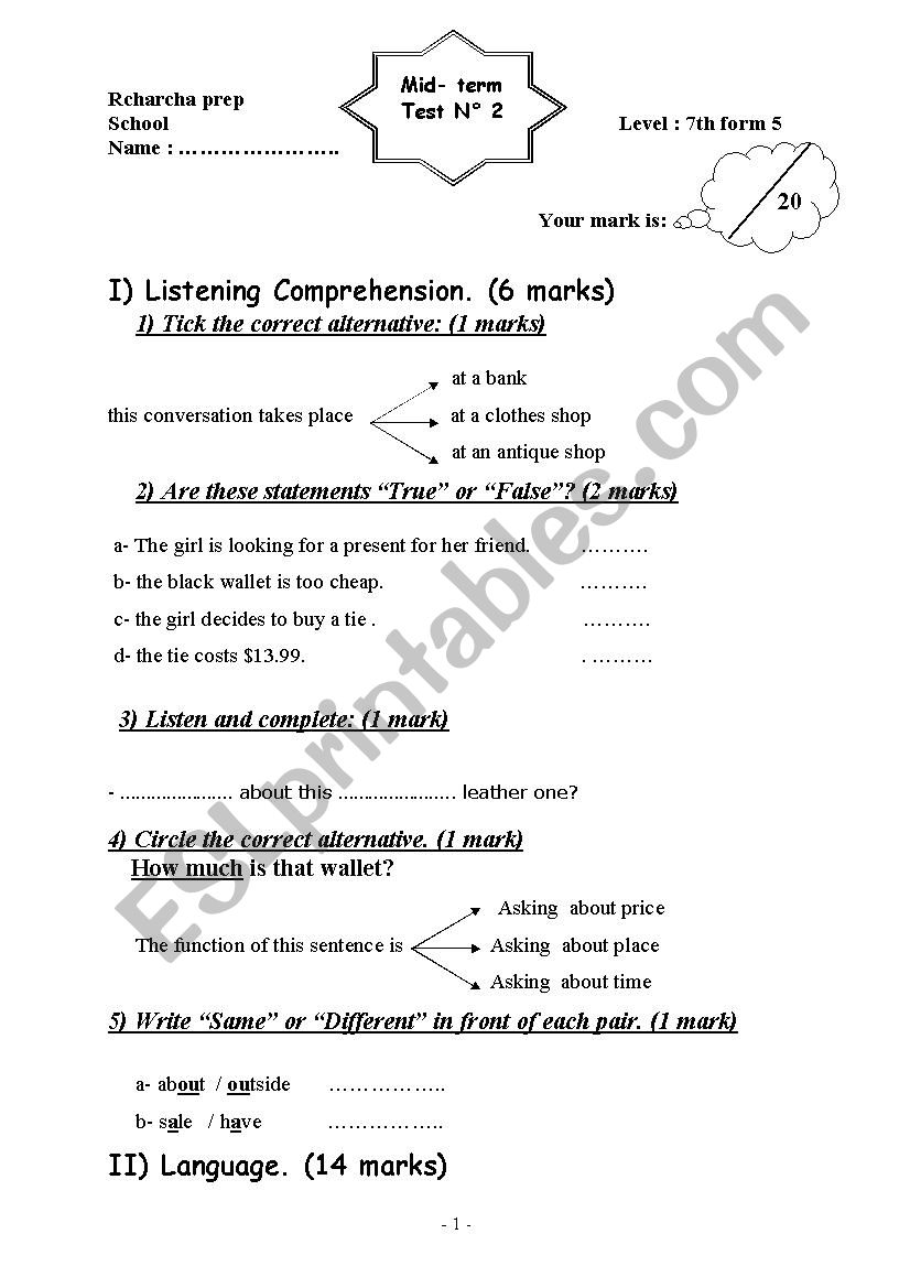 mid term test N° 2 7th form - ESL worksheet by day-dreamer
