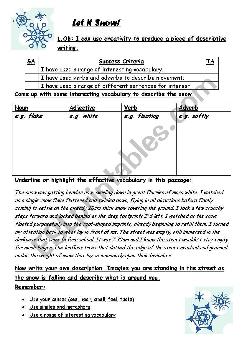 Let It Snow Reading And Writing Task Esl Worksheet By Whiteangel38