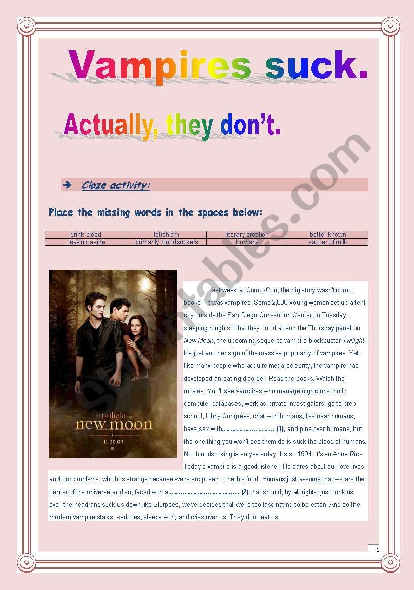 VAMPIRES SUCK - Actually they don´t. CLOZE ACTIVITY - KEY included. (3 ...