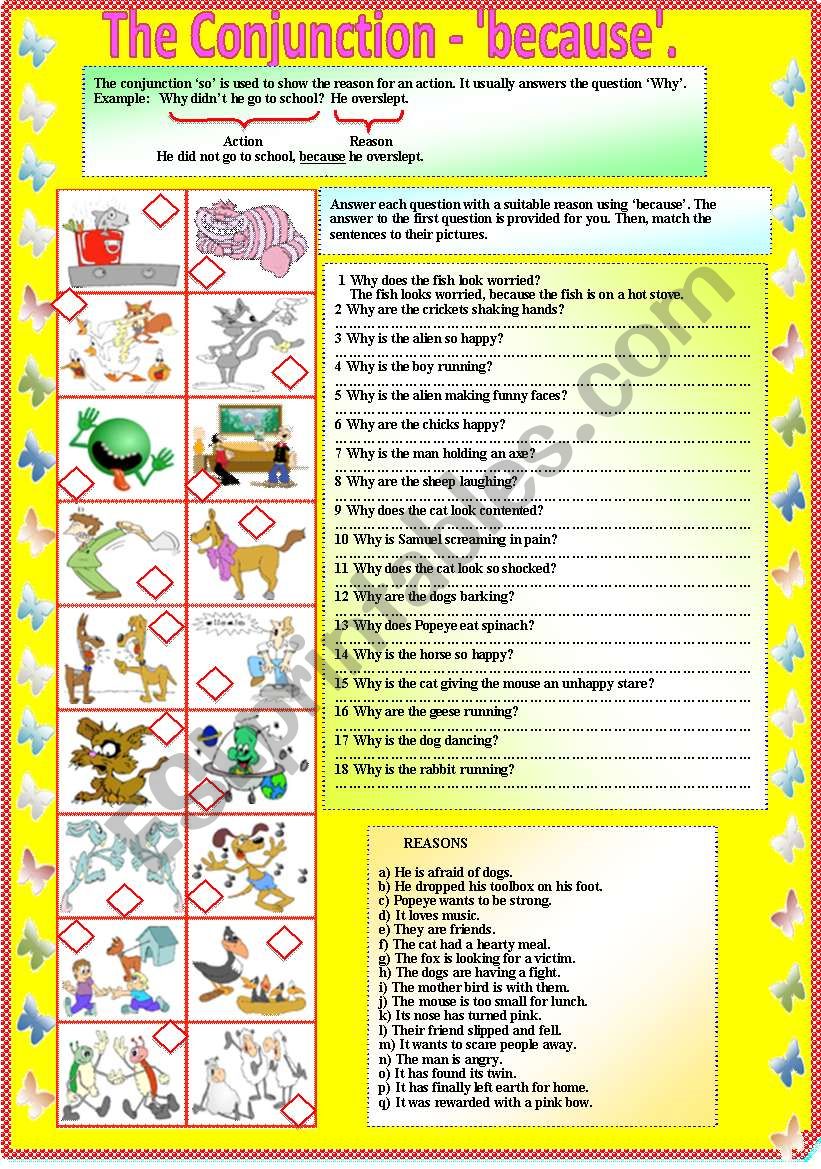 The Conjunction - ´because´ with B/W and answer key **editable - ESL ...