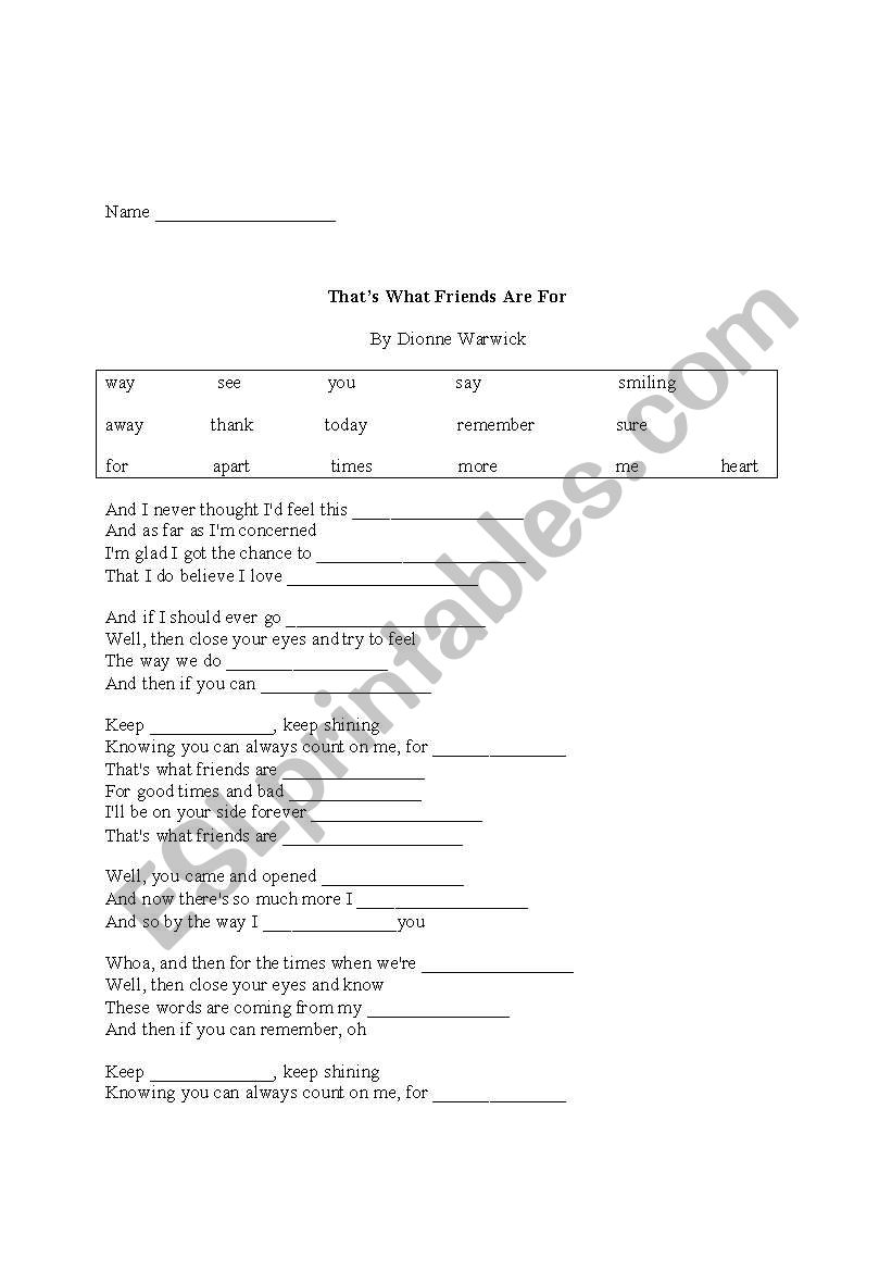 Song: That´s What Friends Are For - ESL worksheet by traceyfreyre