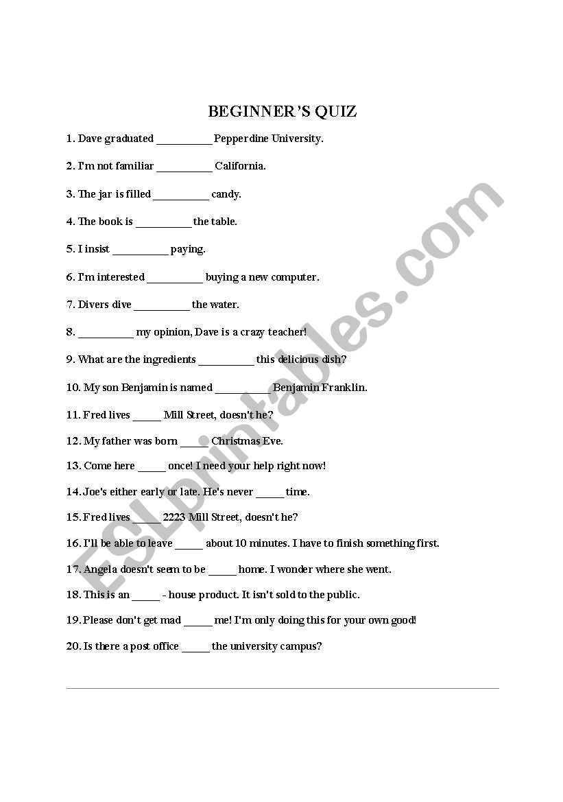 English worksheets: Beginner´s Preposition Quiz